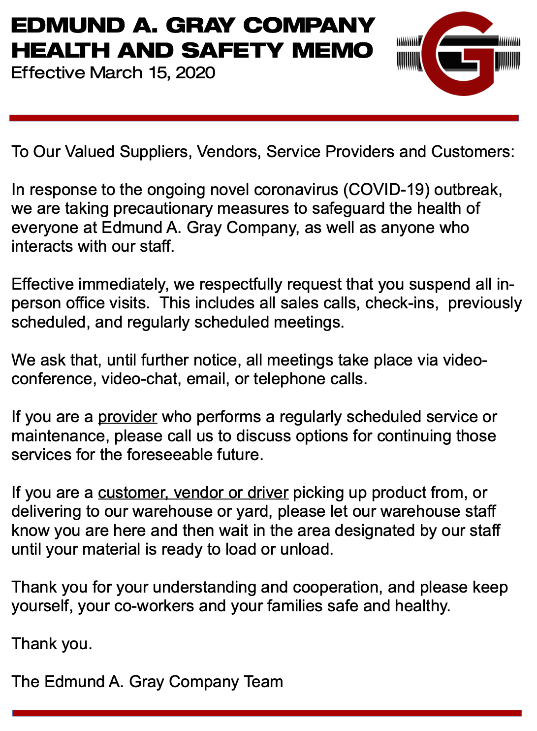 EAGRAY HEALTH & SAFETY MEMO - MARCH 2020 | News & Announcements